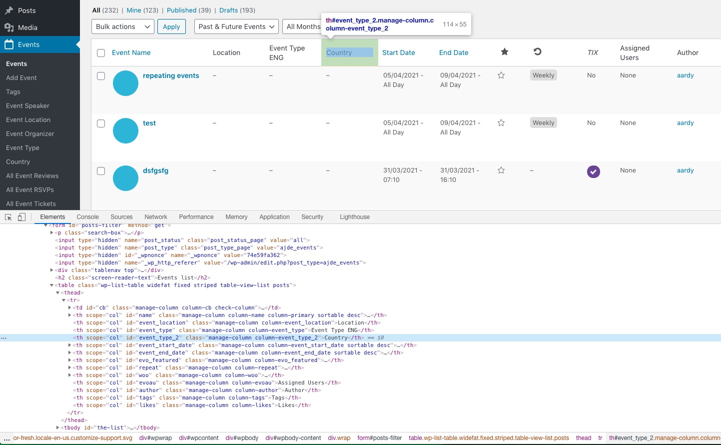 Remove Column Backend Table – EventON Help Desk